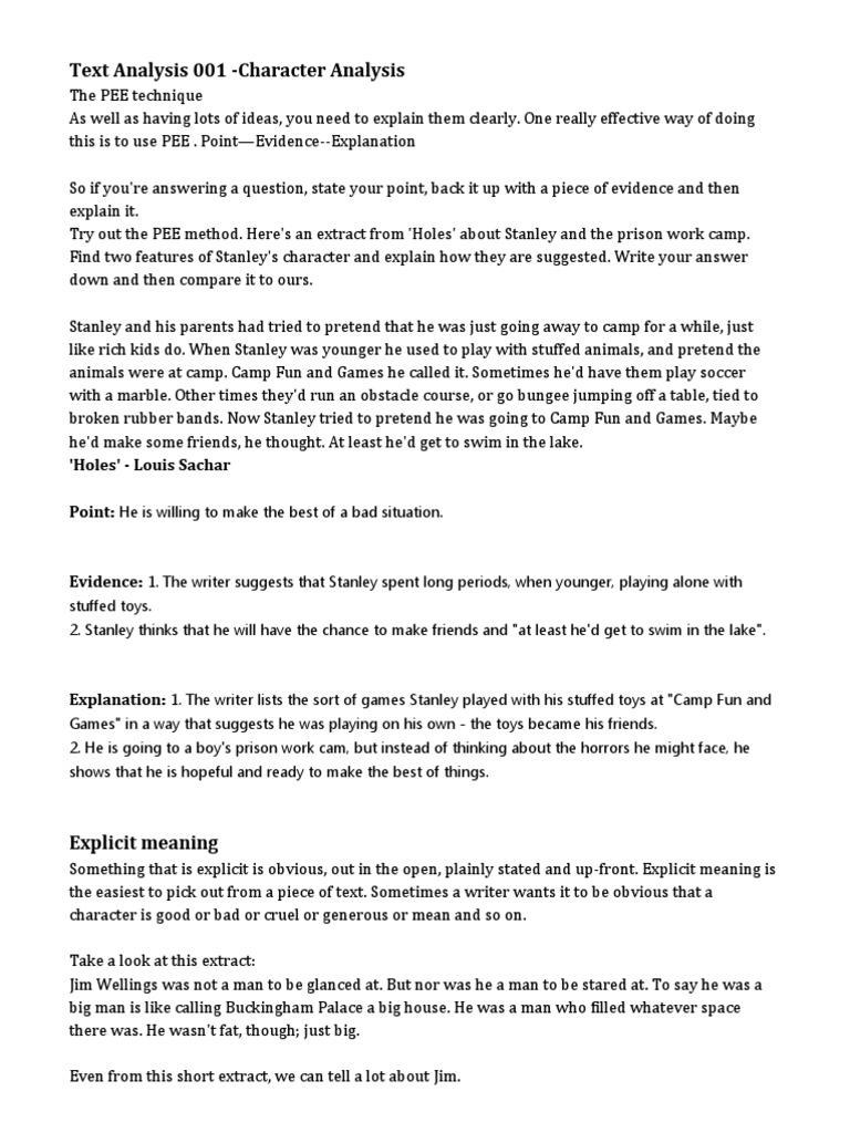 Text Analysis 001 - Character Analysis: 'Holes' - Louis Sachar Point | PDF