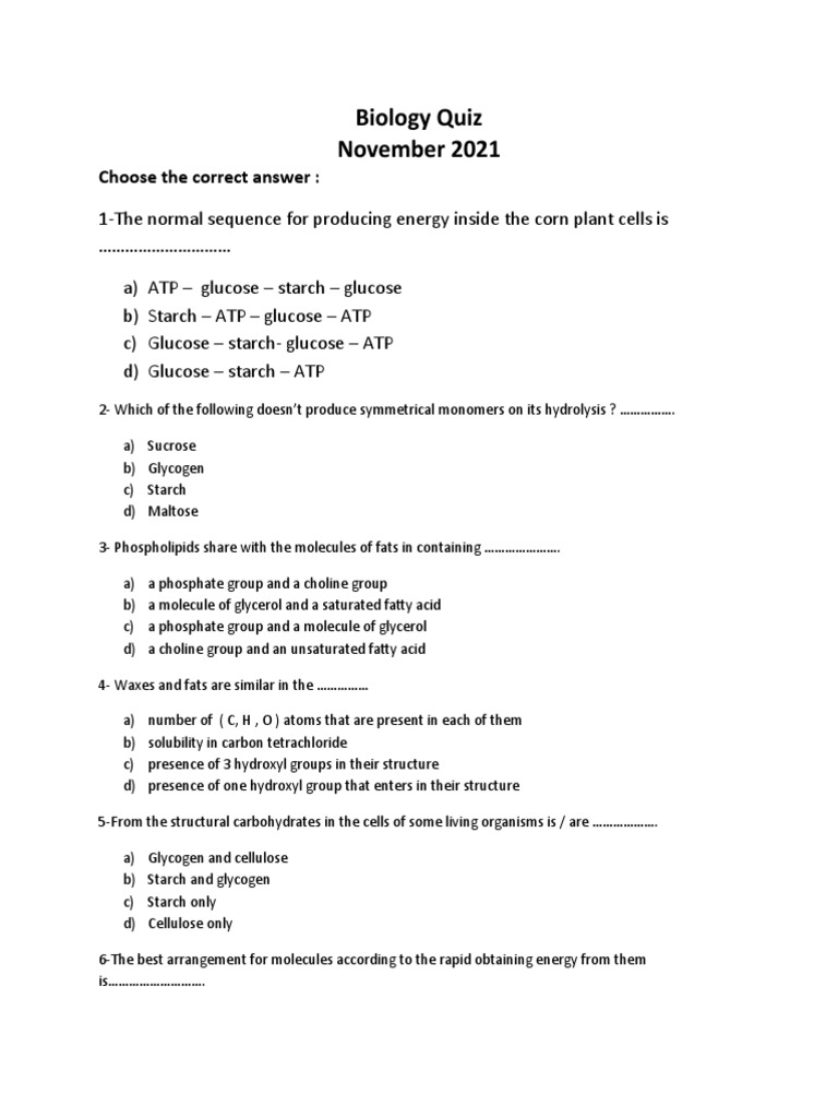 Biology Quiz On Carbohydrates and Lipids | PDF | Glucose | Carbohydrates