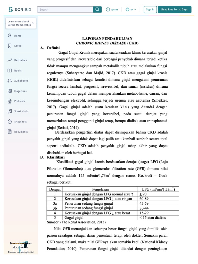Laporan Pendahuluan Chronic Kidney Disease: Definisi, Klasifikasi, dan Penyebab CKD | PDF
