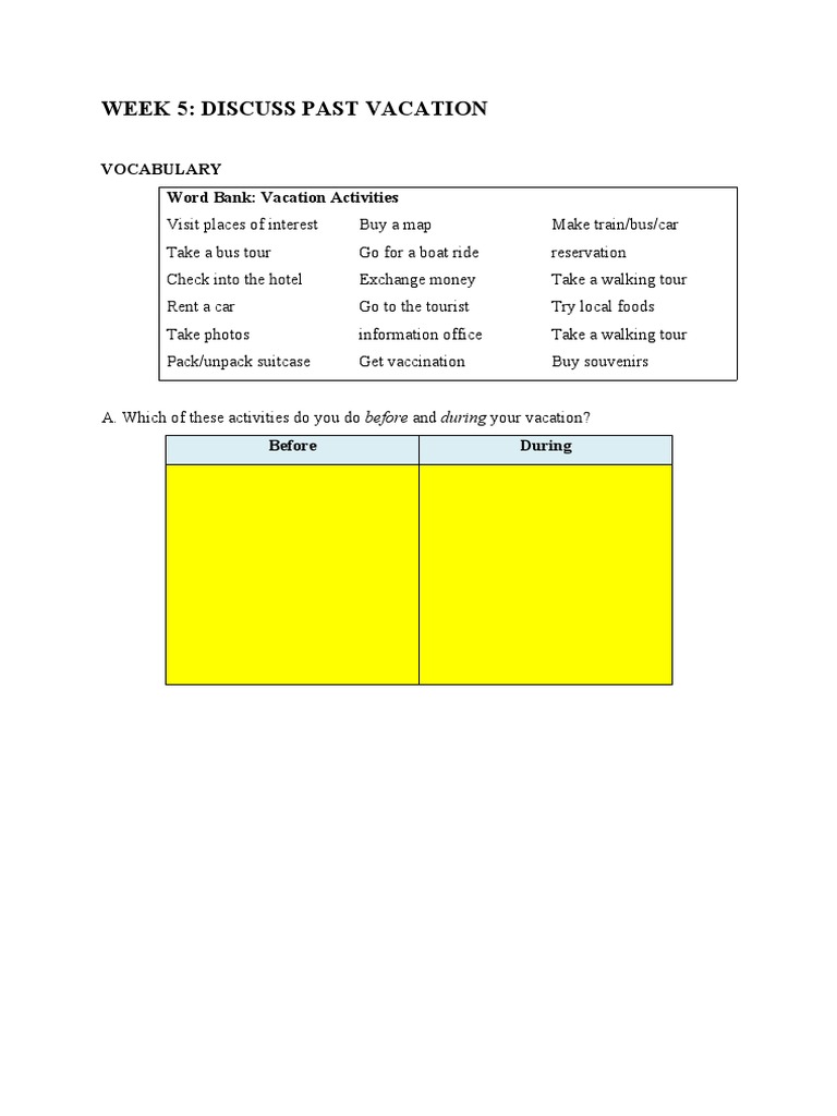 Week 5: Discuss Past Vacation: Vocabulary Word Bank: Vacation ...