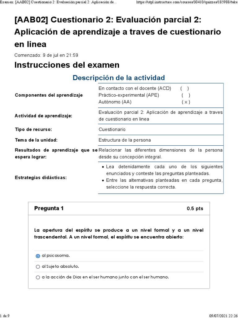 Examen (AAB02) Cuestionario 2 Evaluación Parcial 2 Aplicación de Aprendizaje A Traves de ...