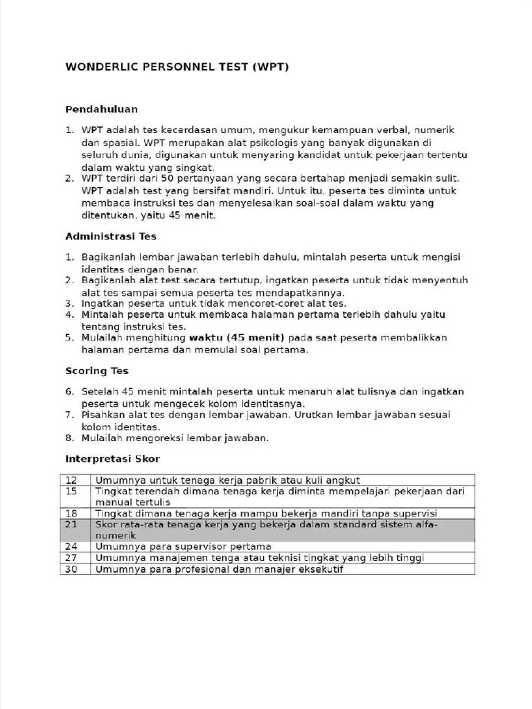 PDF Wonderlic Personnel Test WPT PDF DL | PDF