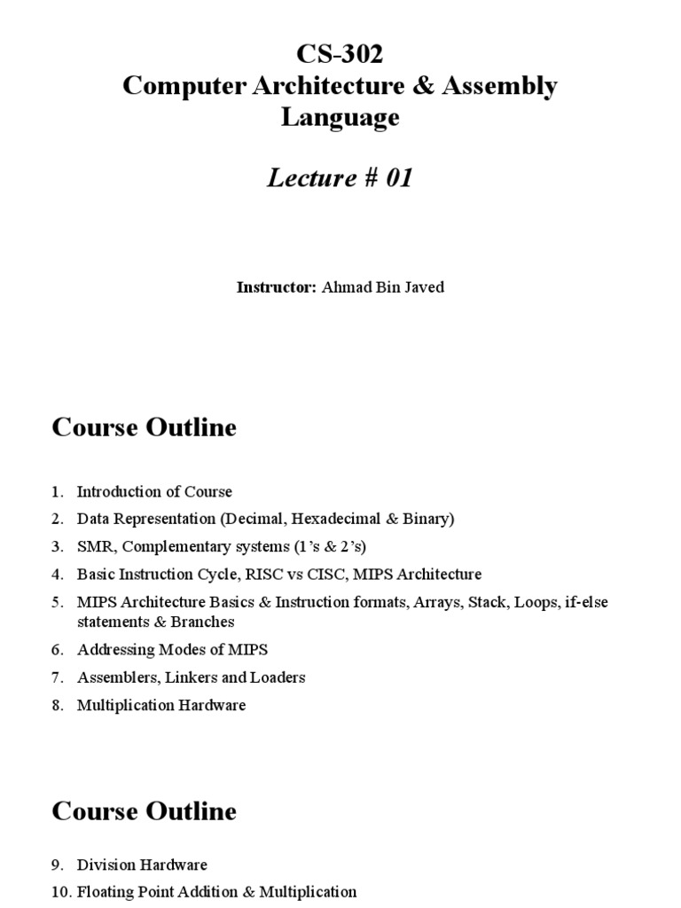 CS-302 Computer Architecture & Assembly Language: Lecture # 01 | PDF ...