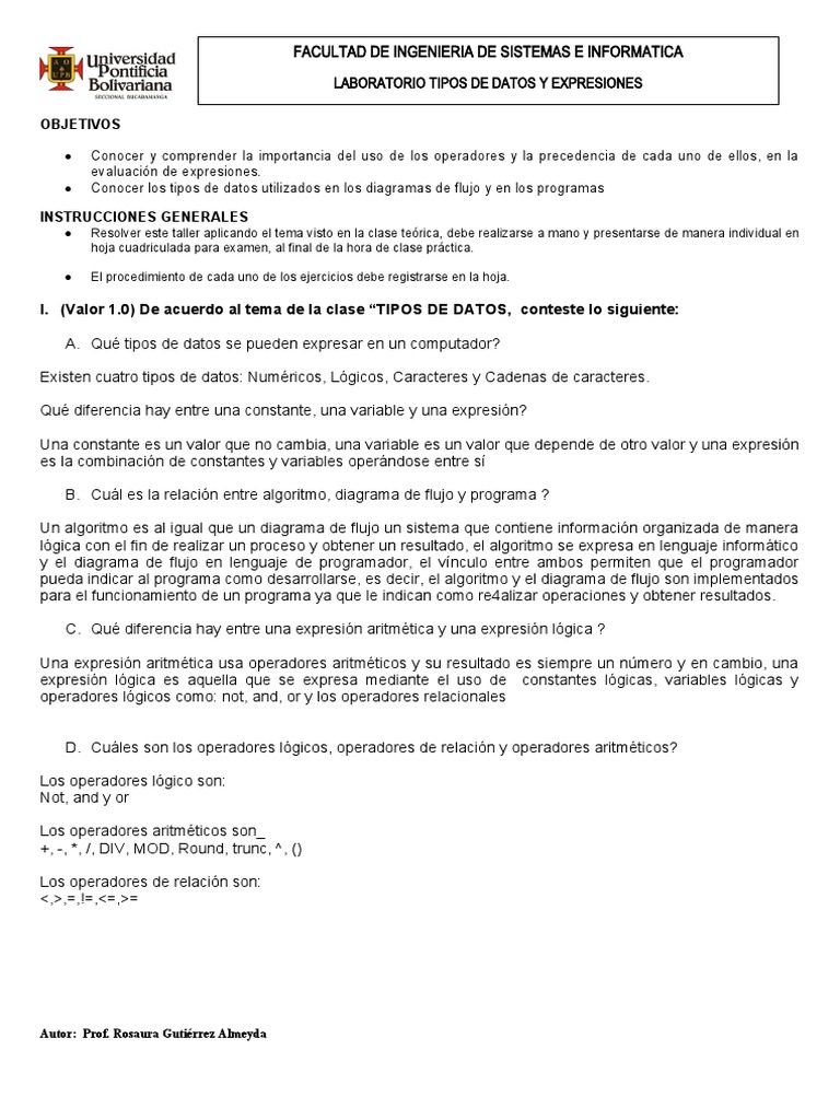 Laboratorio Tipos de Datos y Expresiones | PDF | Algoritmos | Lenguaje de programación