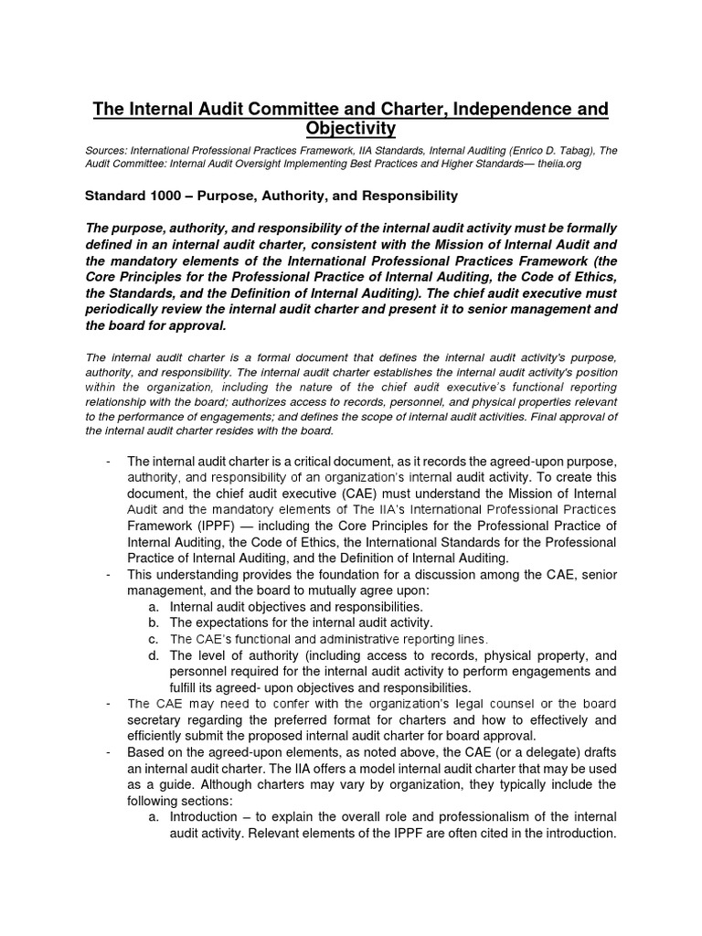 15 The Internal Audit Committee and Charter, Independence and ...