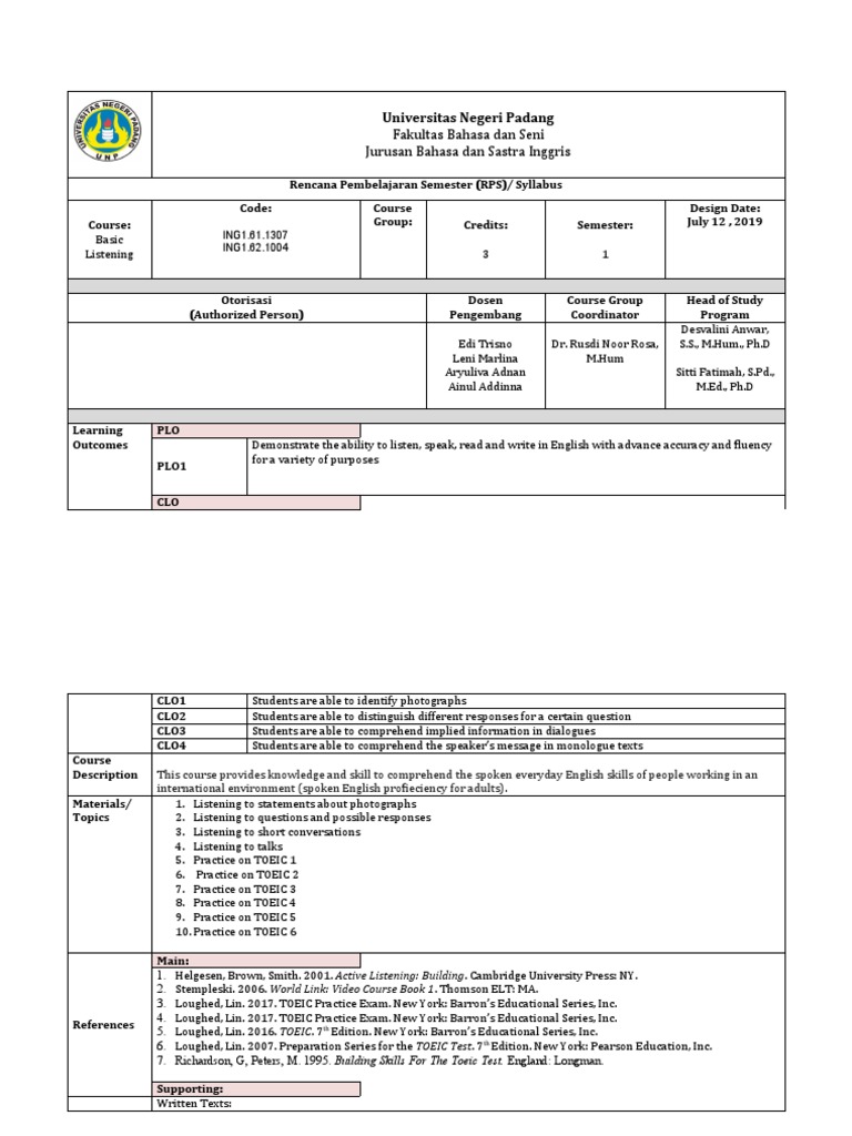 FINAL RPS Basic Listening - Last Revised 6 August 2019 | PDF | Vocabulary | Question