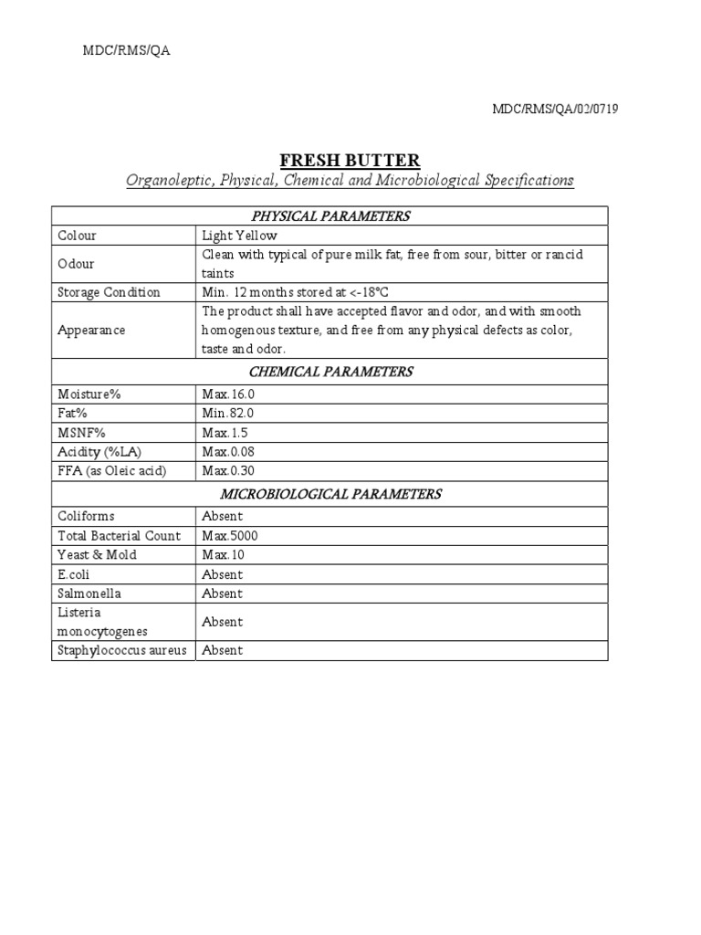Fresh Butter: Organoleptic, Physical, Chemical and Microbiological ...