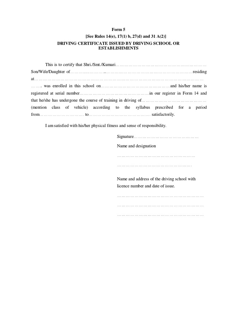 Driving Certificate for Shri./Smt./Kumari [name] Certifying Completion ...