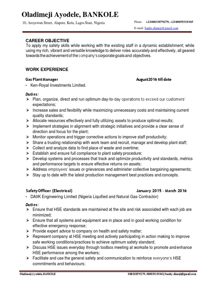 Oladimeji Ayodele Bankole Career Objective Pdf Occupational Safety And Health Safety