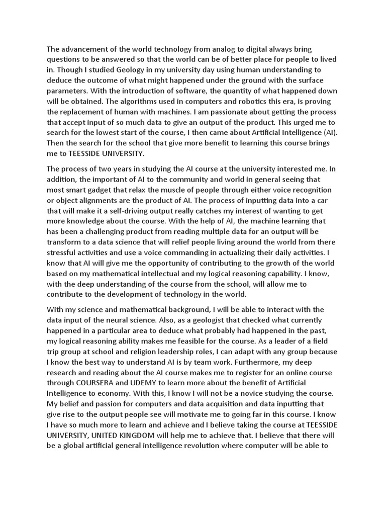 AI Personal Statement | PDF | Artificial Intelligence | Intelligence (AI) & Semantics