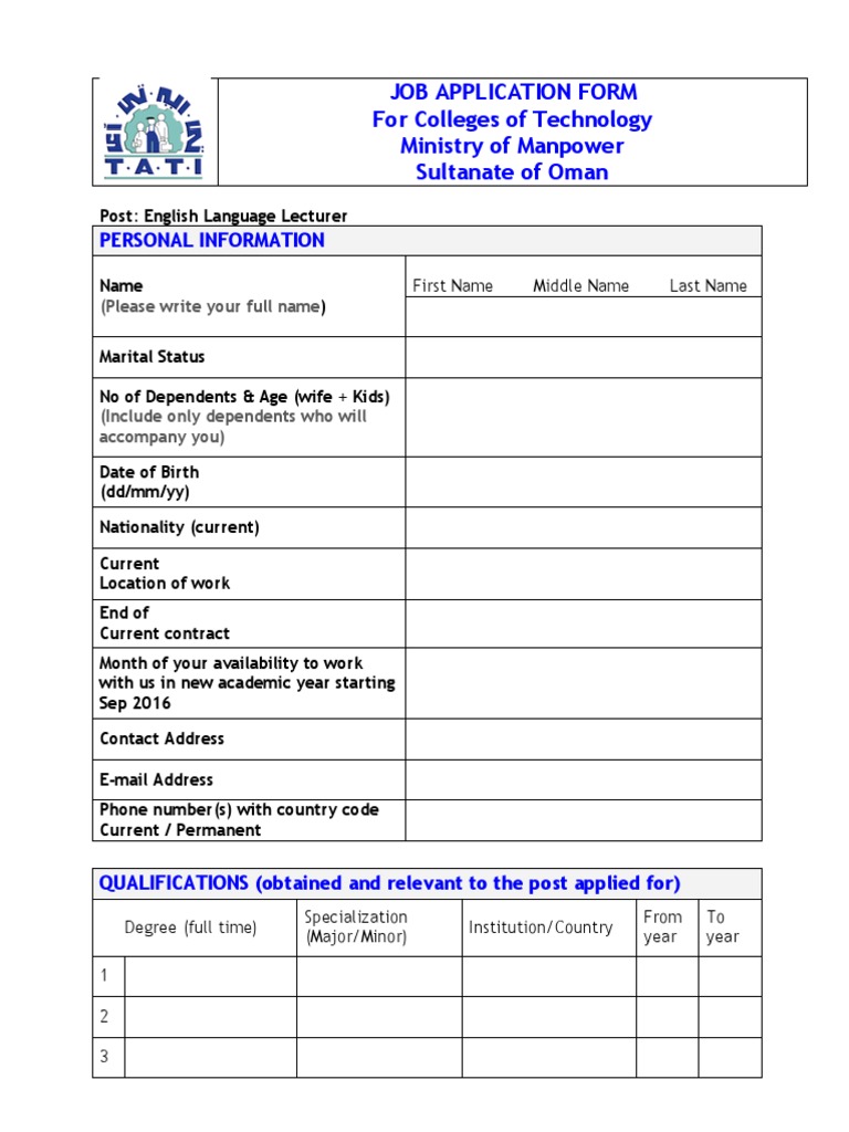 JOB APPLICATION FORM - English | PDF | English As A Second Or Foreign ...