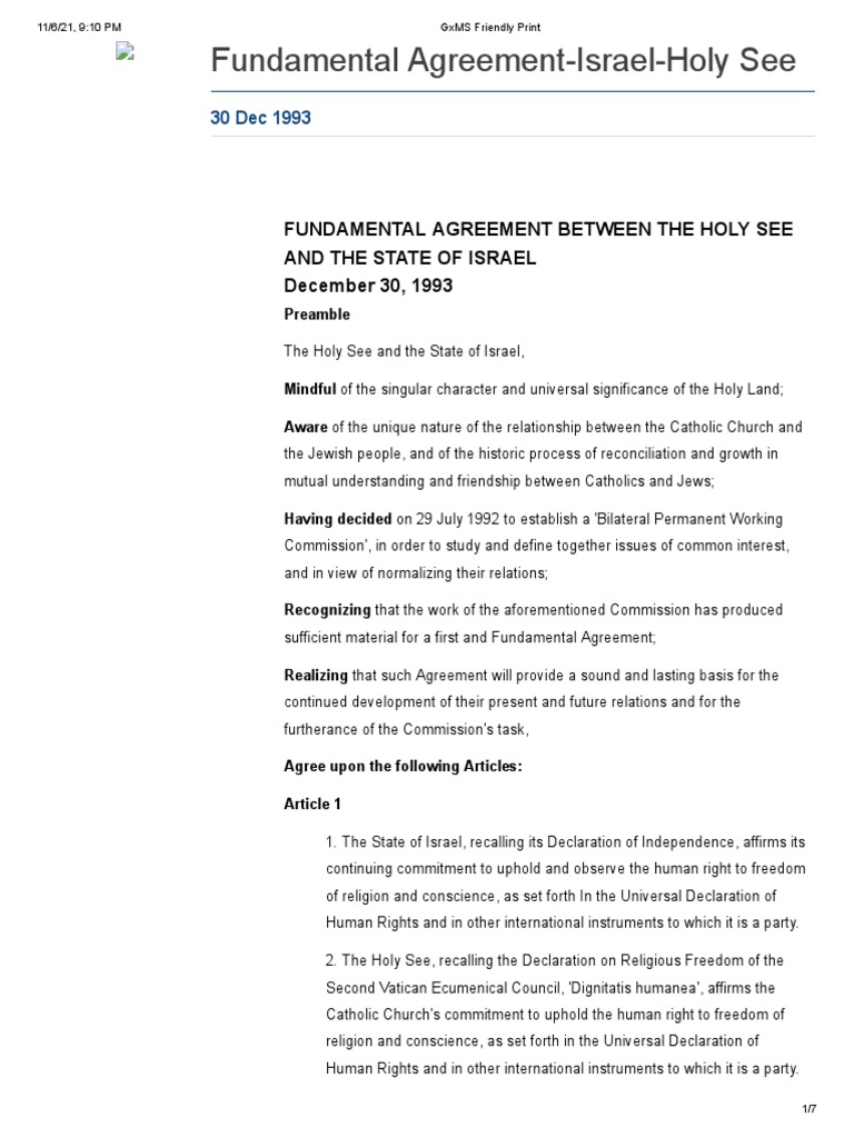 Fundamental Agreement-Israel-Holy See | PDF | Catholic Church | Holy See