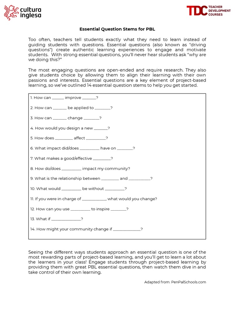 Essential Question Stems For PBL | PDF | Career & Growth | Self-Improvement