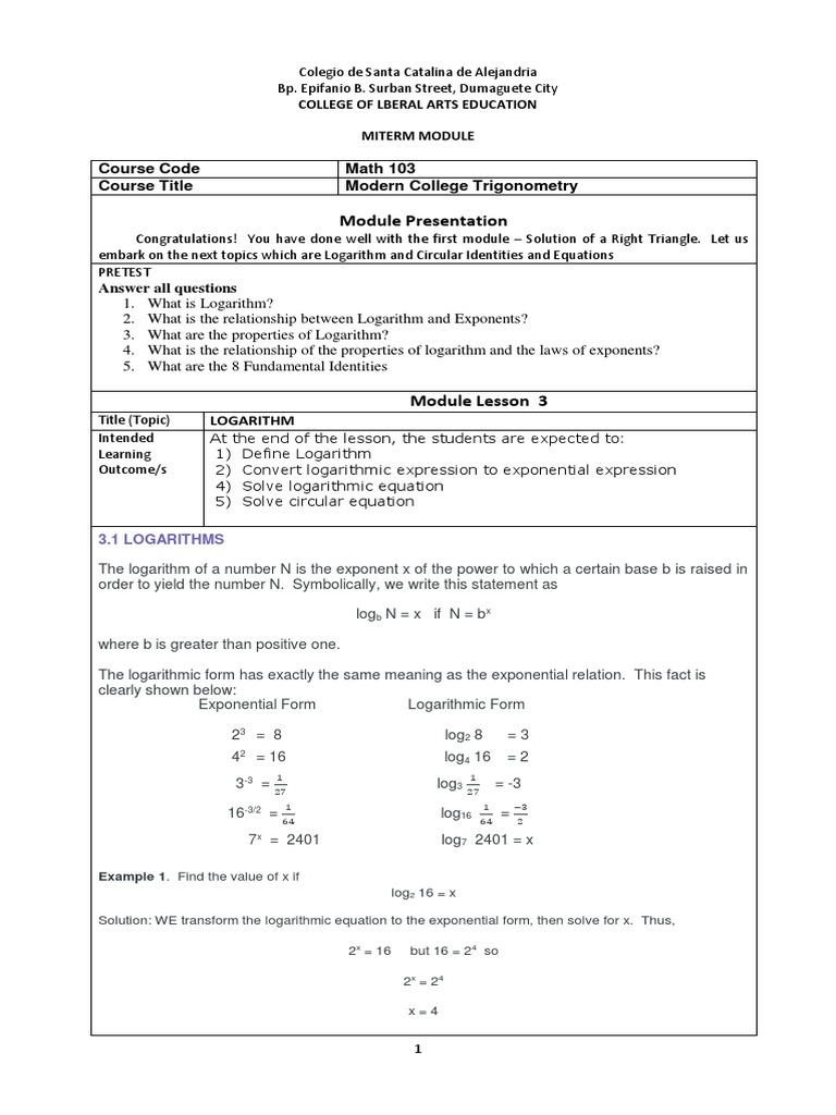 Module in Trigo-Midterm | PDF | Logarithm | Equations