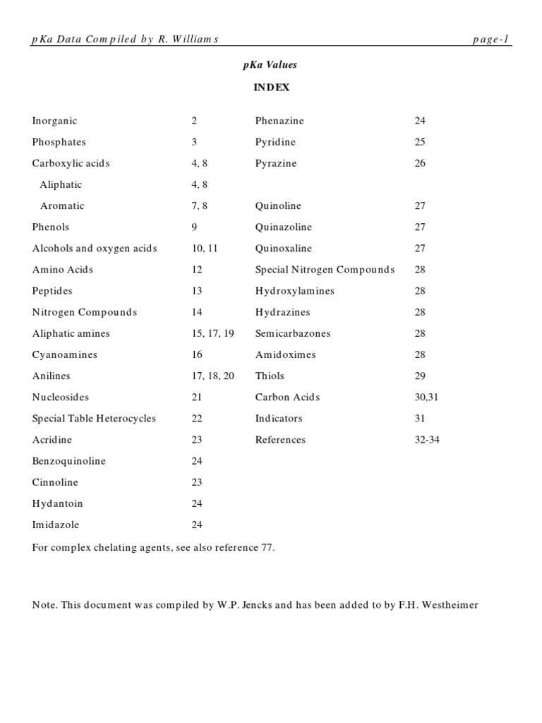 pKa Values Compilation for Various Compounds | PDF