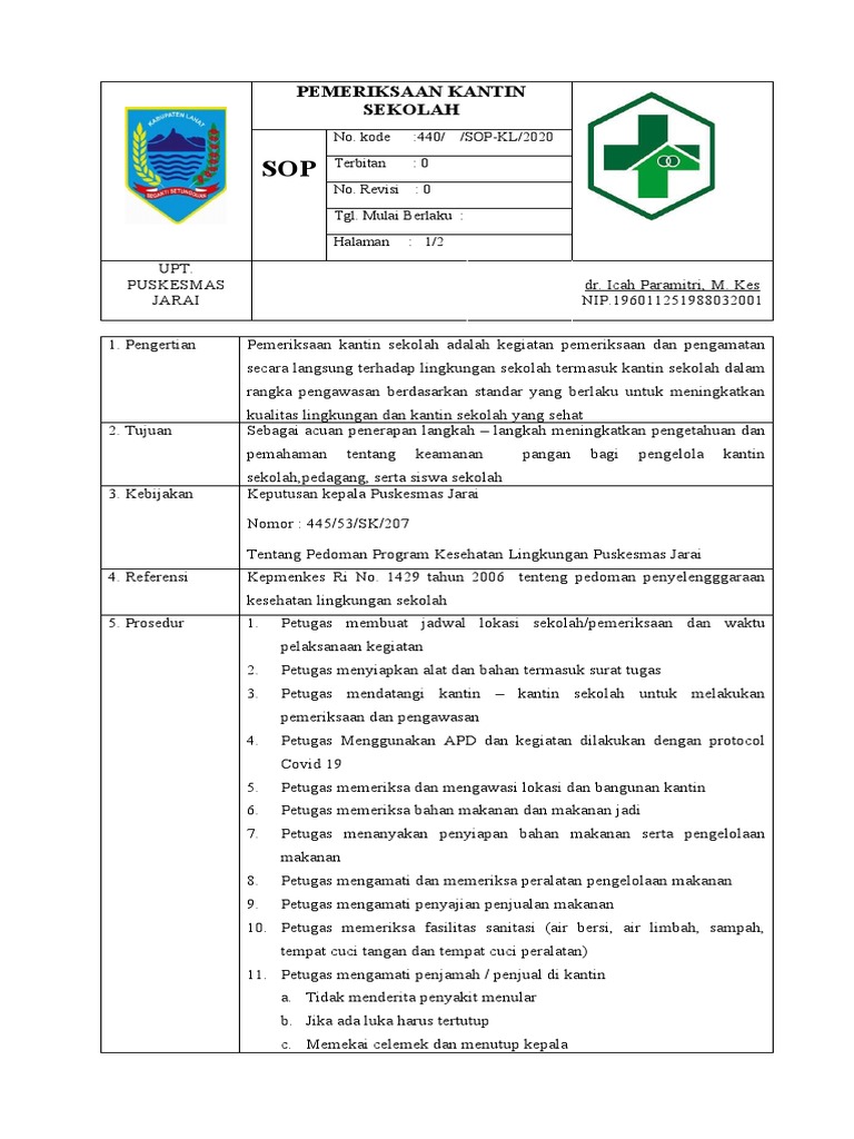 Sop Pemeriksaan Kantin Sekolah | PDF