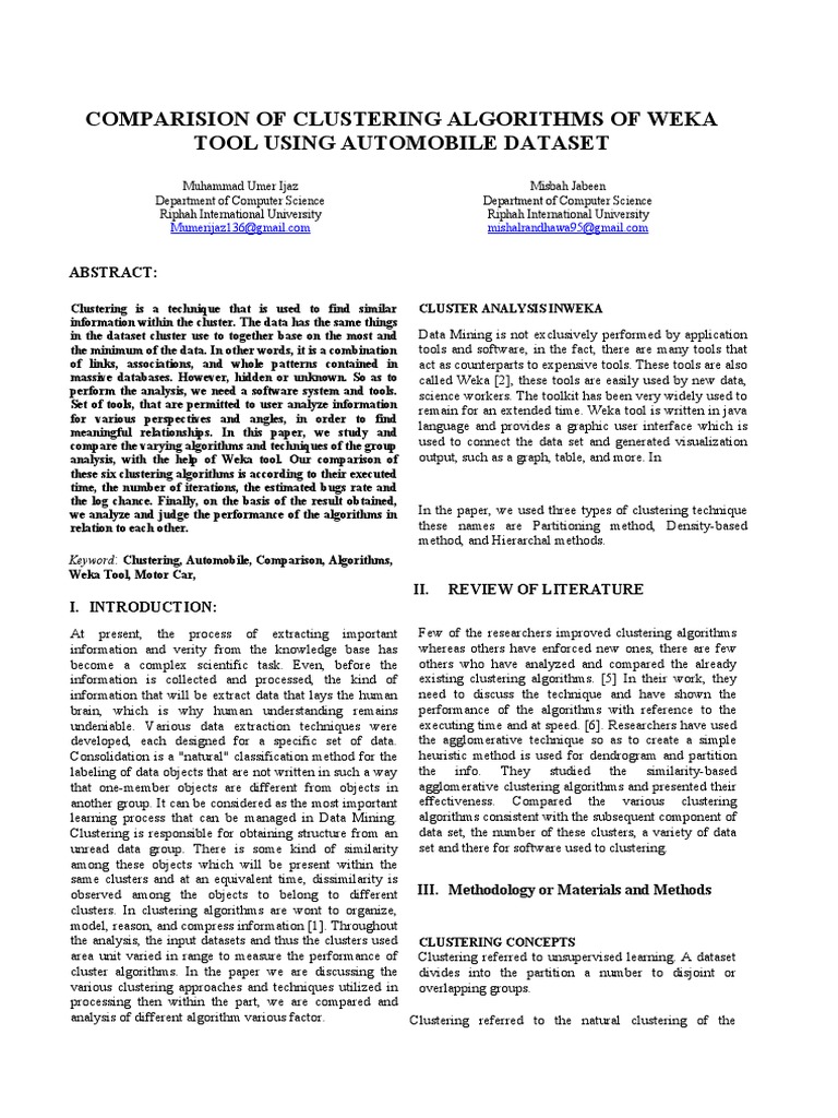 Comparision of Clustering Algorithms of Weka Tool Using Automobile Dataset | PDF | Cluster ...