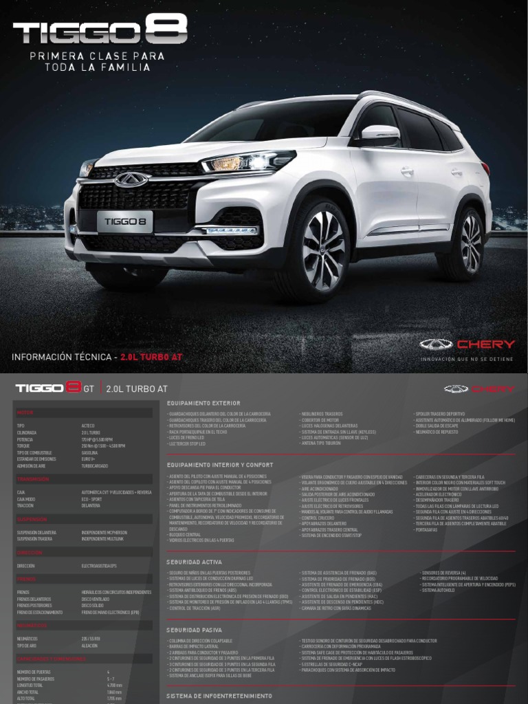Ficha Tecnica TIGGO 8 GT 2.0 | PDF | Turbocompresor | Sistema de freno antibloqueo