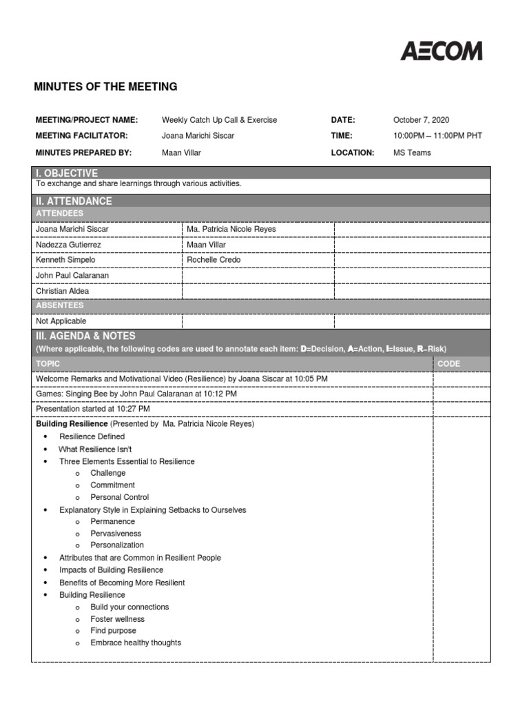 Weekly Catch Up Meeting Minutes | PDF | Cognition | Psychology