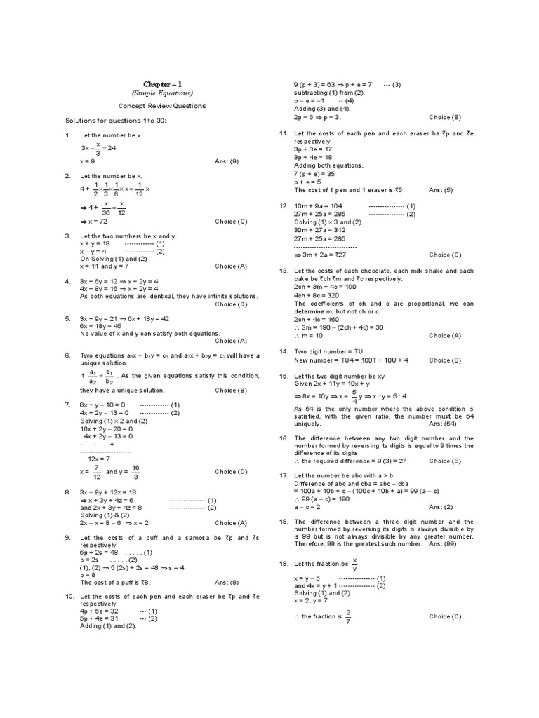 Chapter 1 Simple Equations Sol | PDF | Equations | Numbers