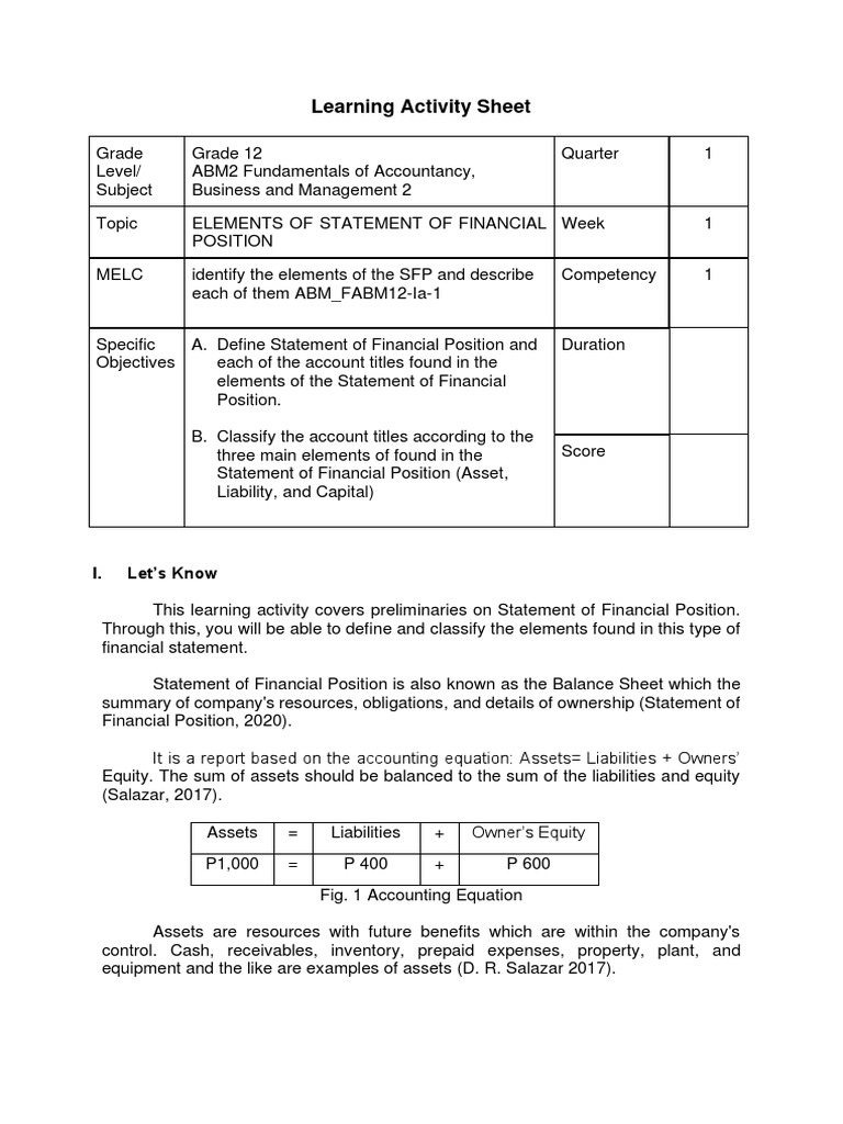 Learning Activity Sheet: I. Let's Know | PDF | Balance Sheet | Equity ...