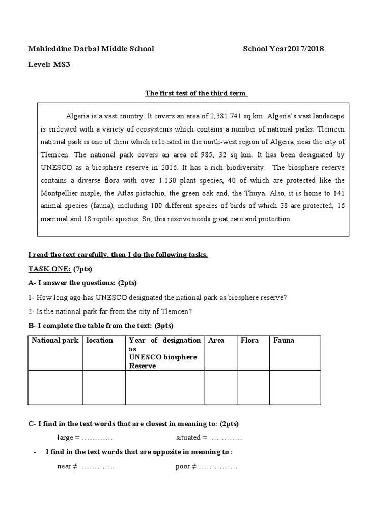 Mahieddine Darbal Middle School School Year2017/2018 Level MS3 ...