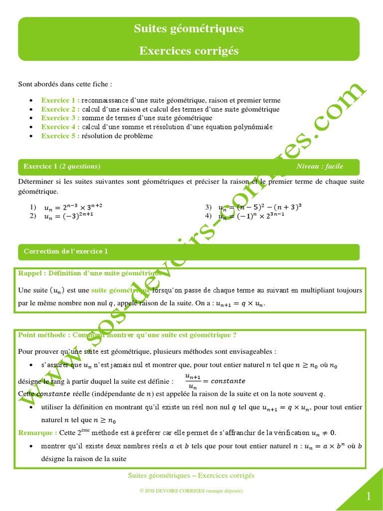 Suites Géométriques Exercices Corrigés | PDF | Séquence | Somme ...