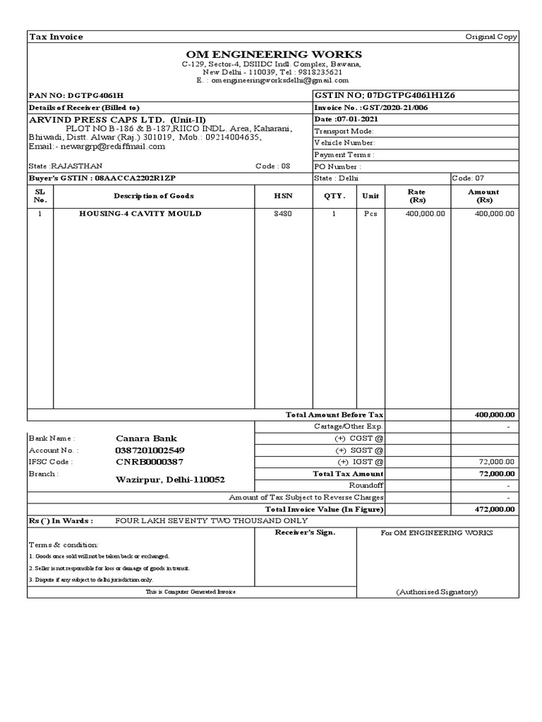 Tax Invoice for the Sale of a Housing-4 Cavity Mould by OM Engineering ...