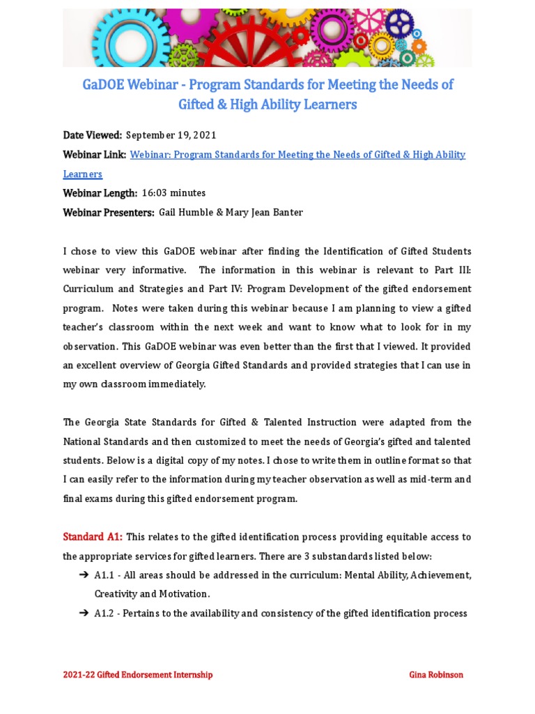 Gadoe Webinar Gifted Program Standards - Gina Robinson | PDF | Gifted Education | Intellectual ...
