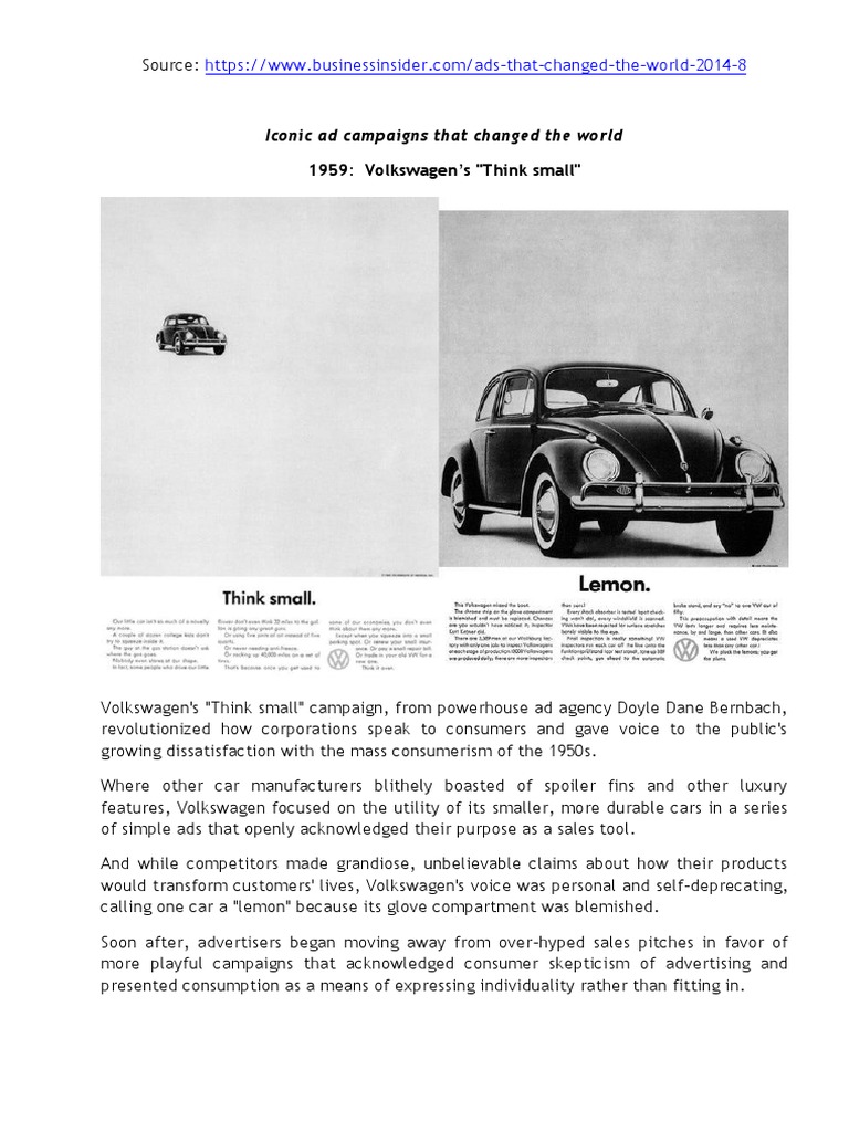 Think Small - Volkswagen's Ad Campaign | PDF