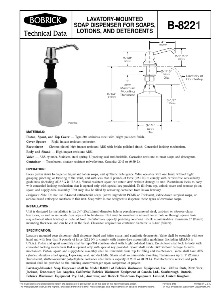 Manual - B-8221 - Bobrick Soap 8221 | PDF | Valve | Piston