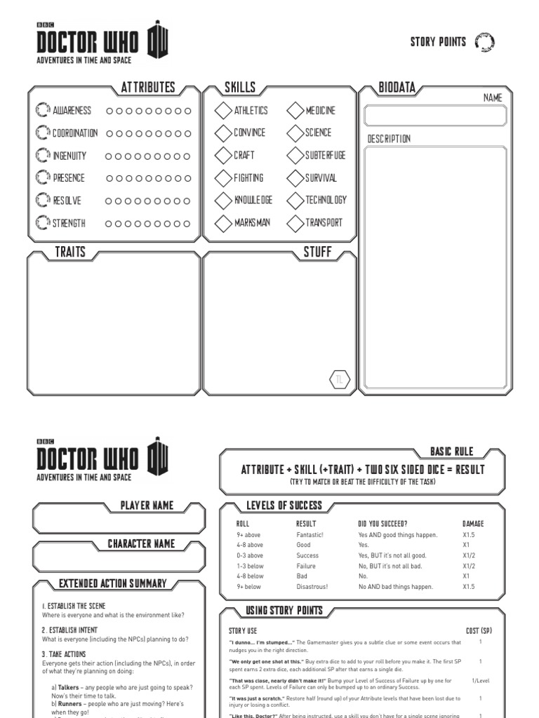 Doctor Who Print Friendly Character Sheet | PDF | Adventure Games | Entertainment