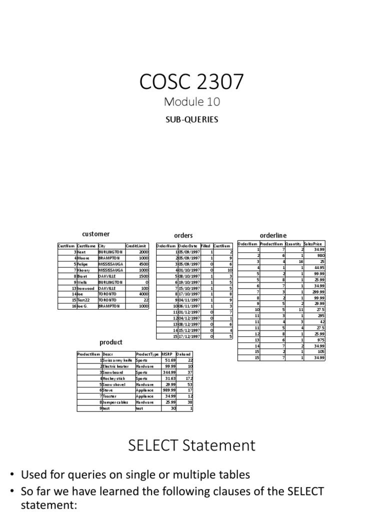 COSC 2307: Sub-Queries | PDF | Computer Science | Databases