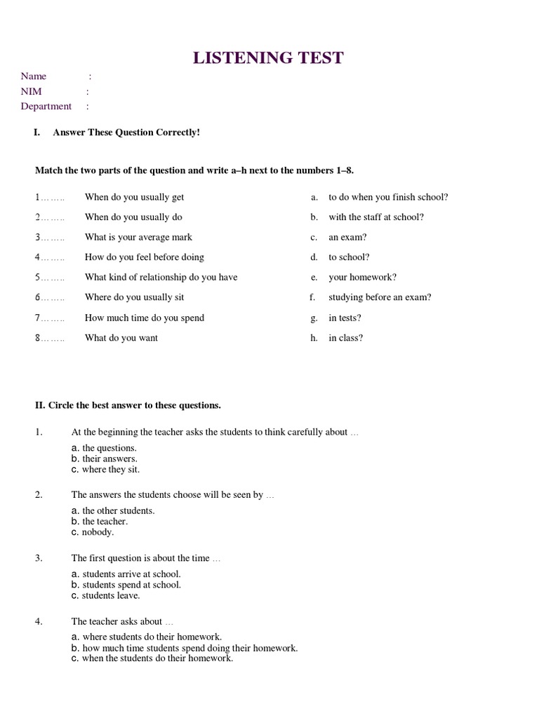 Listening Test | PDF | Test (Assessment) | Homework