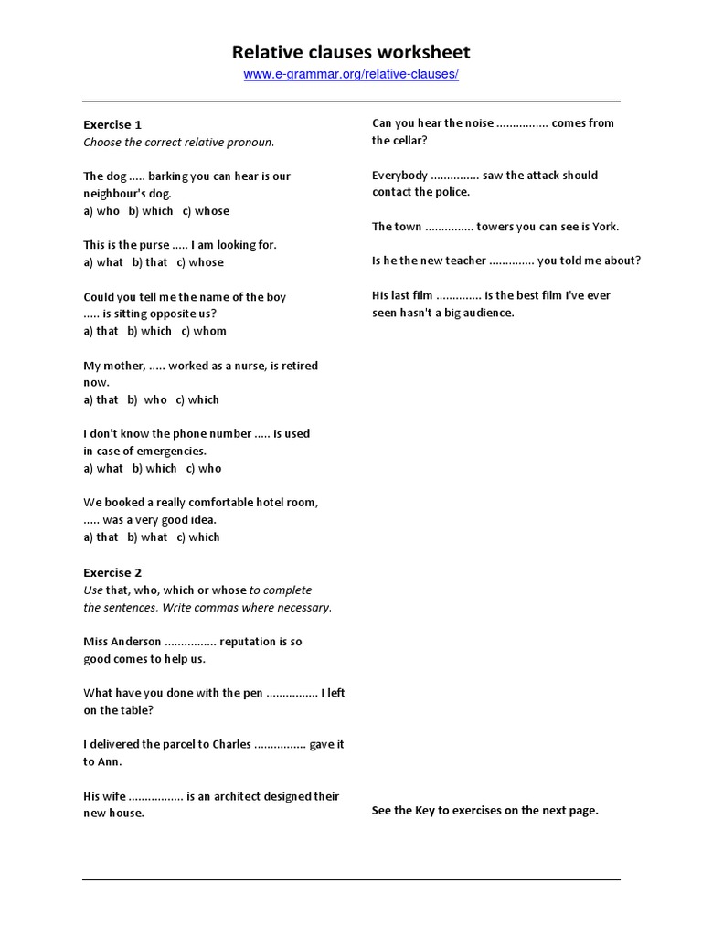 Relative Clauses Worksheet | PDF | Teaching Methods & Materials | Home ...