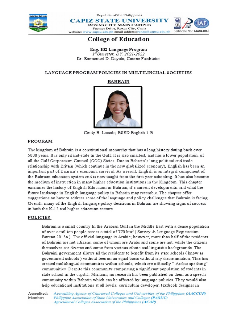 BAHRAIN Language Program and Policies | PDF | Bahrain | Multilingualism