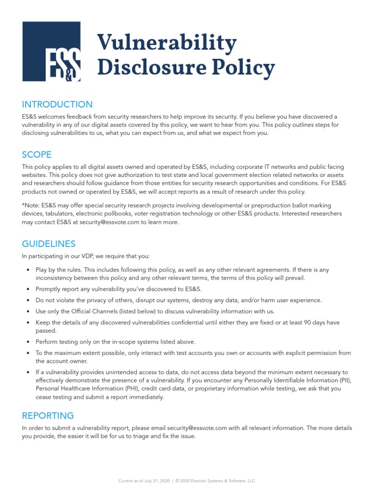 Ess Vulnerability Disclosure Policy Pdf Vulnerability Computing Digital Millennium