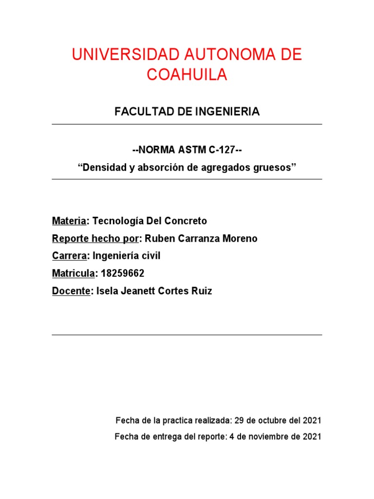 Reporte ASTM C 127 | PDF | Agua | Densidad
