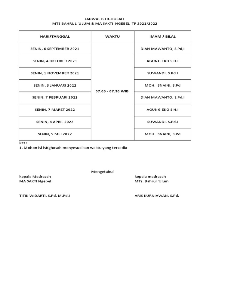 Jadwal Istigosah 20212022 | PDF