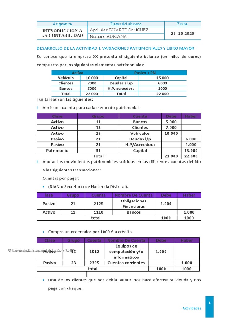 Actividad 1 Variaciones Patrimoniales y Libro Mayorcontrat3act | PDF | Contabilidad | Bancos