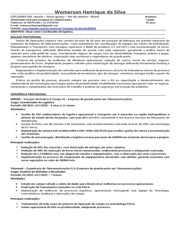 Currículo Wemerson | PDF | Logística | Gestão de recursos humanos