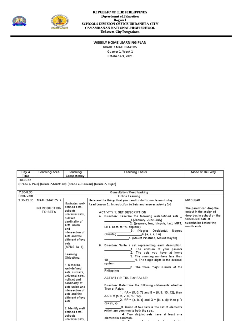 WHLP Math 7 Quarter 1 Week 1 | PDF | Mathematical Logic | Mathematics
