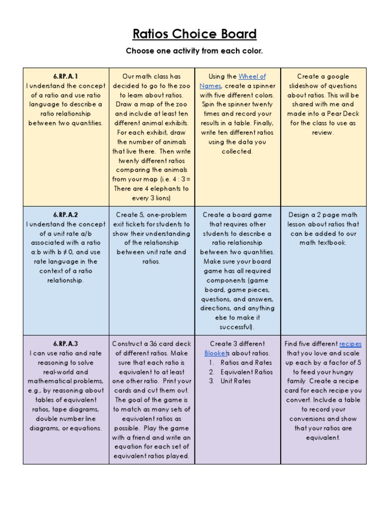 Ratios Choice Board | Download Free PDF | Ratio | Cognition