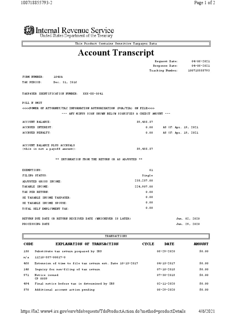 IRS Account Transcript Summary | PDF | Irs Tax Forms | Tax Return ...