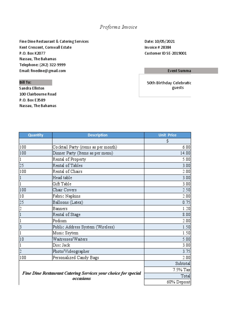 Proforma Invoice: Bill To | PDF | Waiting Staff | Food And Drink