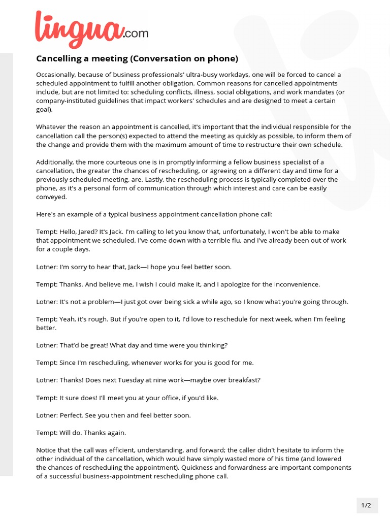 Cancelling A Meeting | PDF | Communication | Psychological Concepts