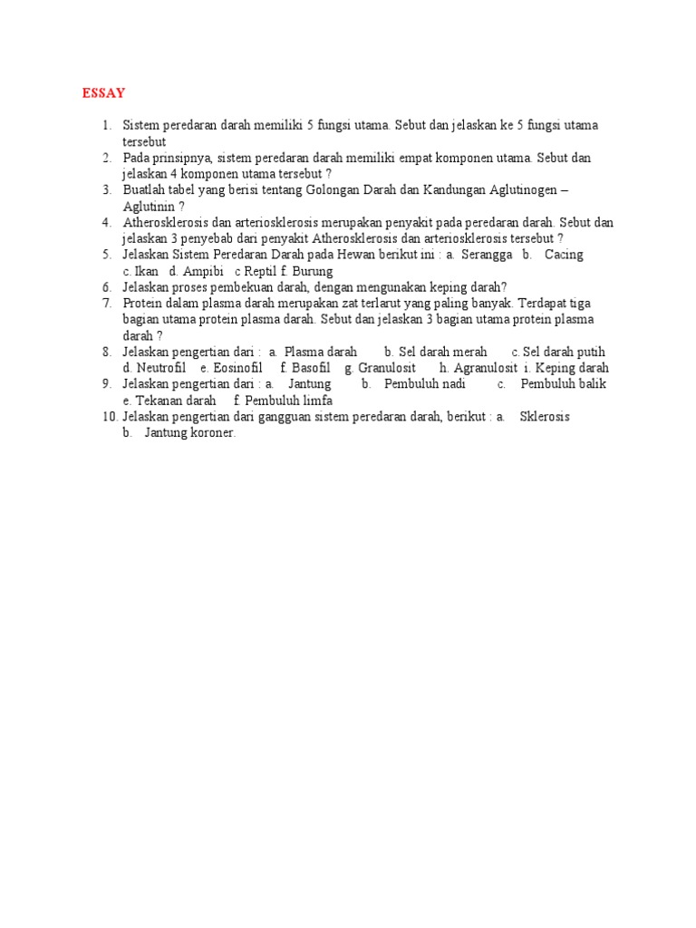 Soal Essay Sistem Peredaran Darah | PDF