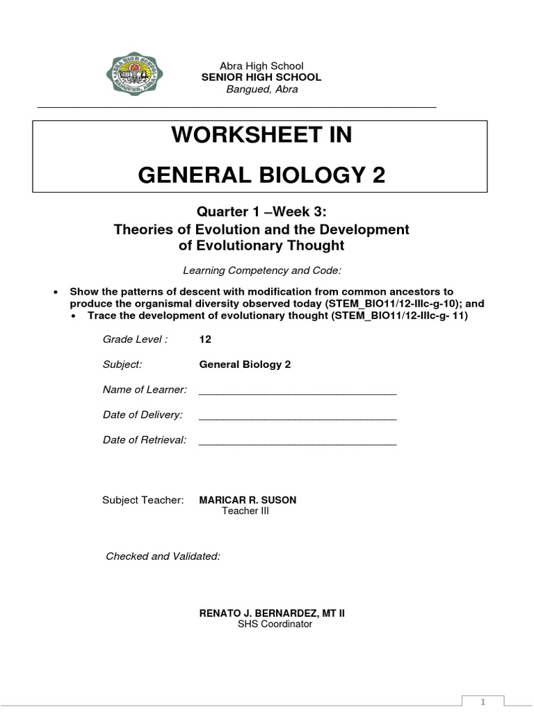 Worksheet in General Biology 2: Quarter 1 - Week 3: Theories of ...
