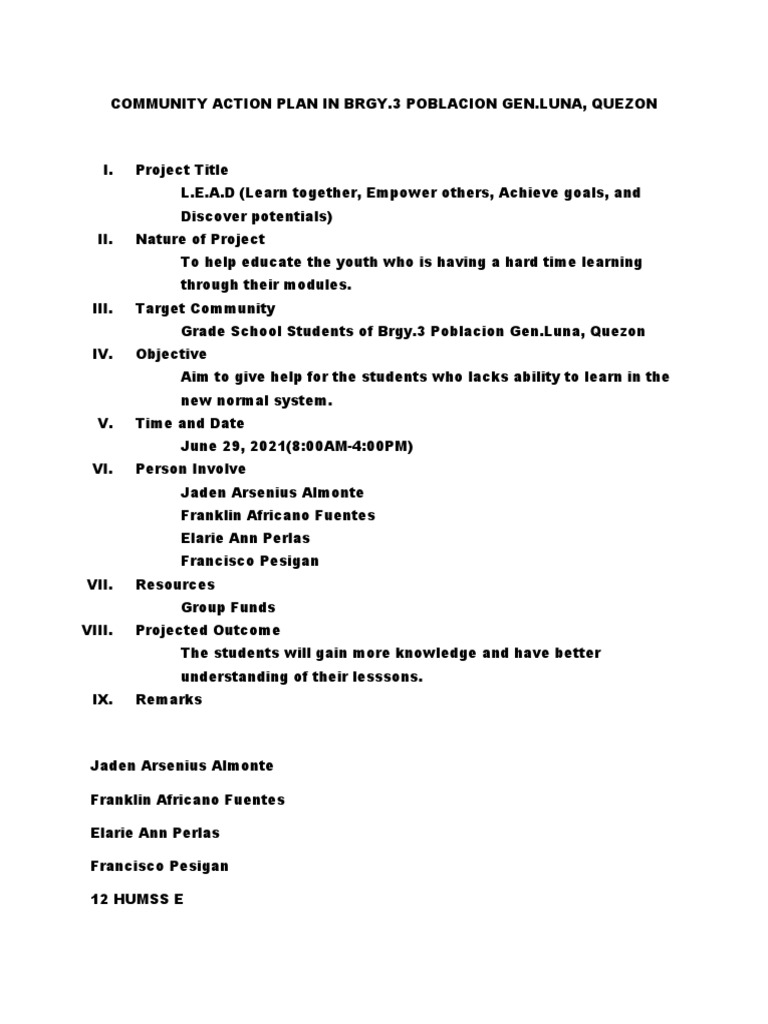 Community Action Plan for Brgy. 3 Poblacion | PDF