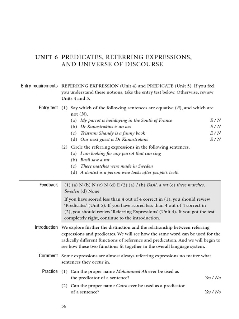 Unit 6 Predicates, Referring Expressions, and Universe of Discourse ...